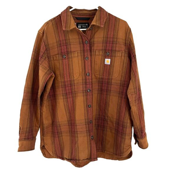 Carhartt | Jackets & Coats | Carhartt Womens Orange Plaid Shacket Shirt ...